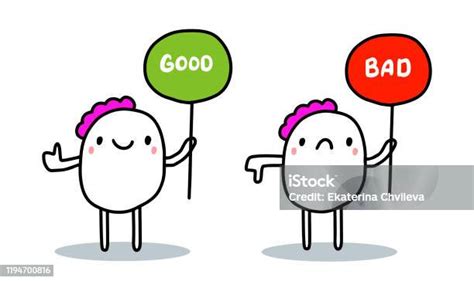 좋은 나쁜 손 그린 벡터 일러스트 에 만화 만화 스타일 남자 들고 단어 개념에 대한 스톡 벡터 아트 및 기타 이미지 개념