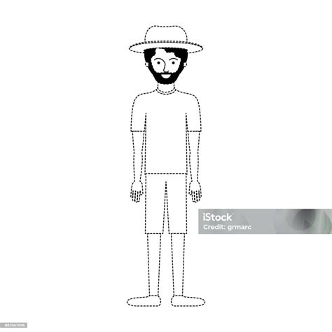 모자 및 T셔츠와 짧은 바지와 신발 짧은 머리와 검은 점선된 실루엣에 수염을 가진 남자 T 셔츠에 대한 스톡 벡터 아트 및 기타