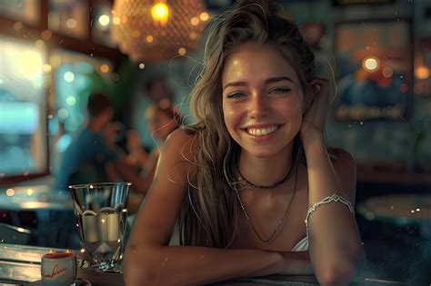 A Smiling Woman Enjoying Her Time At A Cozy Cafe Premium Ai Generated