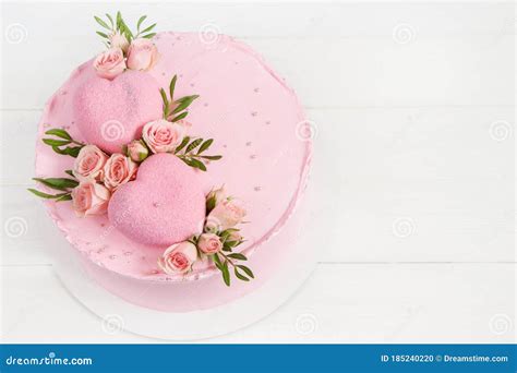Pink Cake Hearts On The Top Of Cake Decorated Of Pink Roses Concept