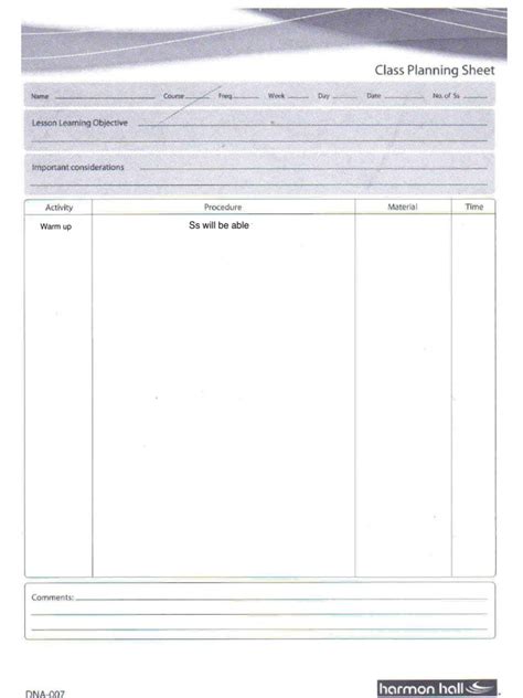 Class Planning Sheet Template Pdf