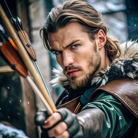 A Man With A Bow And Arrow Pointing To The Right Premium AI Generated Image