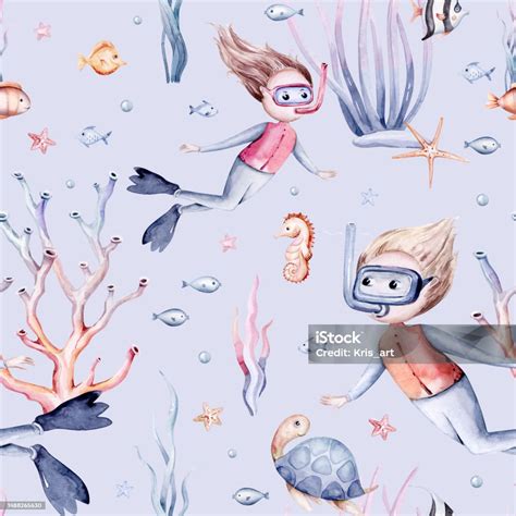 귀여운 만화 스노클링 스쿠버 다이버 아이 소년 소녀 잠수함 인어 산호 해마 물고기 및 돌고래와 수채화 매끄러운 패턴 보육 디자인 패브릭 수채화에 대한 스톡 벡터 아트 및