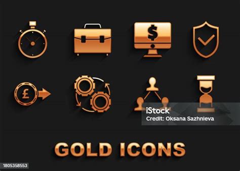 워크 플로 프로세스 개념 오래된 모래 시계 흐르는 모래 프로젝트 팀 기지 동전 돈 파운드 스털링 기호 컴퓨터 모니터 달러 스톱워치 및 서류 가방 아이콘으로 기어와 화살표를