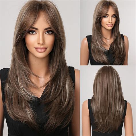 Doremiy Mixed Brown Blonde Wig With Bangs Natural Medium