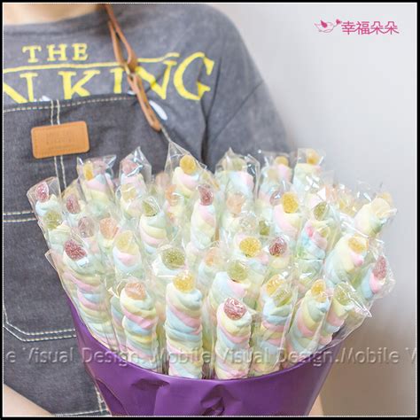 幸福朵朵 抽取式花束 Qq軟糖麻花捲棉花糖串x100支花束底籃紫x1個限宅配