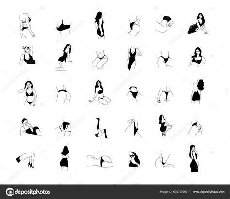 Line Art Naked Female Body Icons Sexy Woman Silhouette Vector ストックベクター