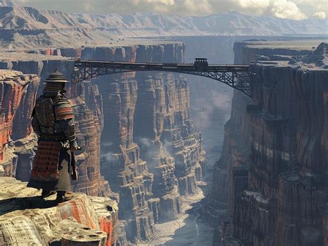 A Man Sits On A Ledge Overlooking A Bridge That Says The Word On It Premium Ai Generated Image