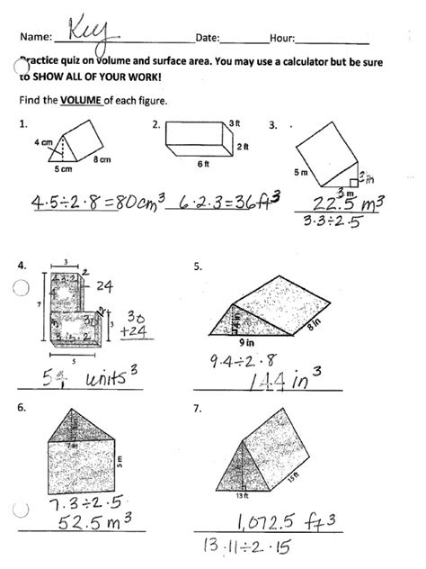 Area And Volume Practice Quiz Key Pdf