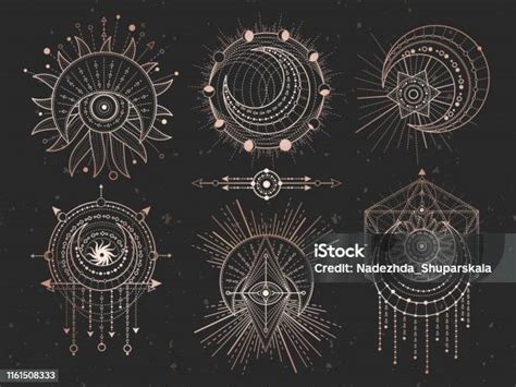 向量集的神聖幾何符號和半月在黑色的格子背景黃金抽象神秘標誌收藏向量圖形及更多紋身 人體裝飾圖片 紋身 人體裝飾 背景 主題