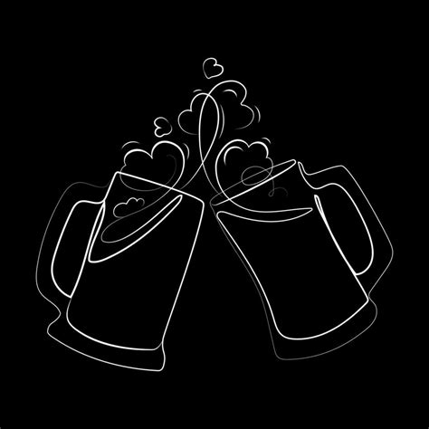 Clinking Beer Glasses With Foam Splash Line Drawing On Black Background