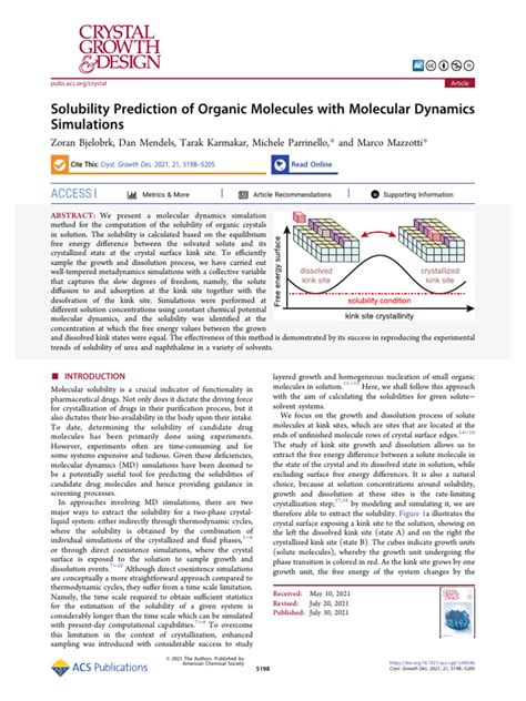 Bjelobrk Et Al 2021 Solubility Prediction Of Organic Molecules With Molecular Dynamics