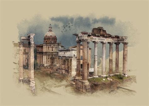 Римский форум в Риме Италии эскизе акварели Иллюстрация штока иллюстрации насчитывающей