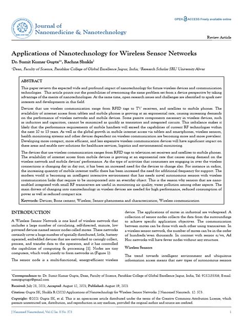 Applications Of Nanotechnology For Wireless Sensor Networks Pdf