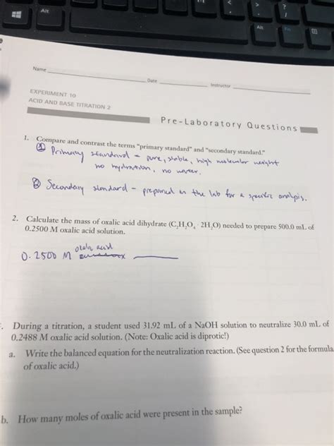 Solved Alt Aln Name Date Instructor Experiment 10 Acid And
