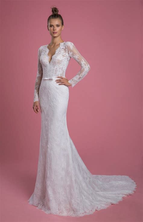 Long Sleeve V Neckline Lace Sheath Wedding Dress With Matching