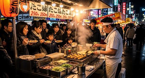 Japanese Street Food Takoyaki Stall In A Bustling Night Market 71459677