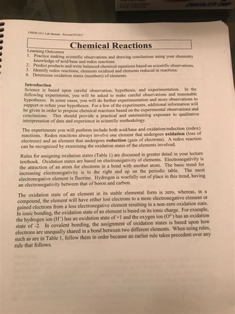 Chem 1211 Lab Manual Revned 05201 Chemical Reactions