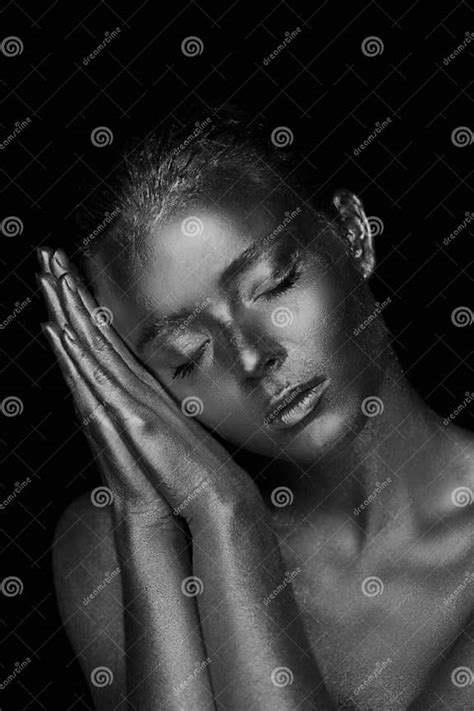 Portrait Unearthly Golden Girls Hands Near The Face Very Delicate And