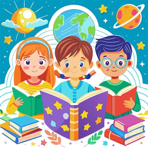 Tres niños leyendo libros con un fondo colorido de planetas Vector