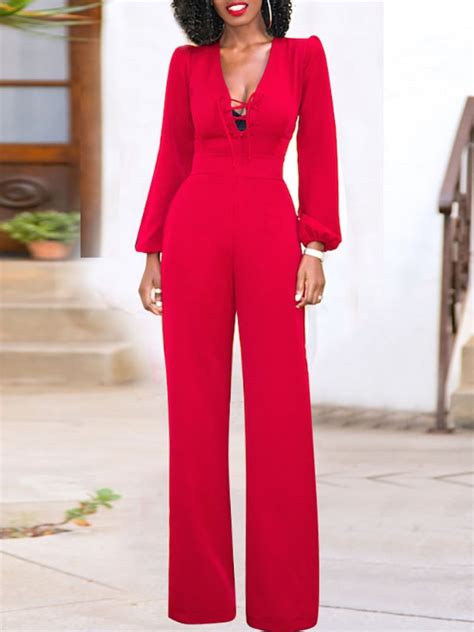 Stylish Low Cut Lace Up Wide Leg Jumpsuit