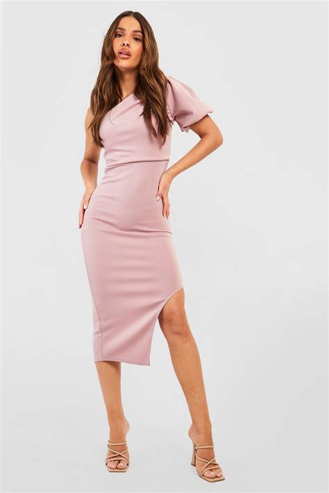 Scuba Puff Sleeve Asymmetric Midi Dress Boohoo