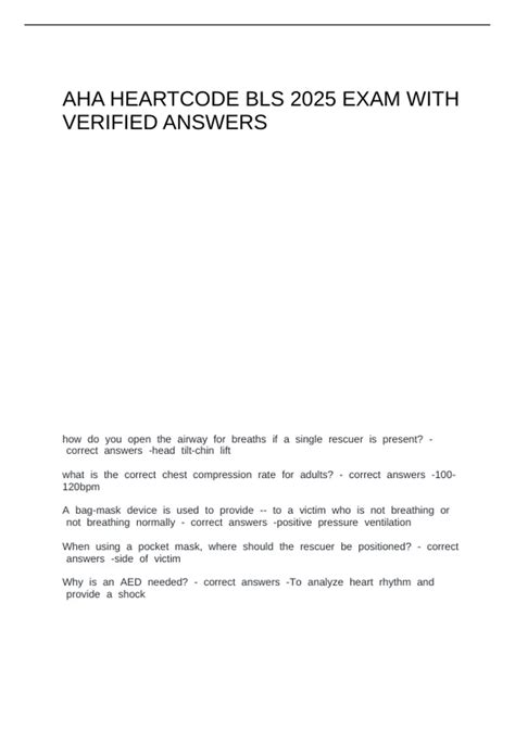 Aha Heartcode Bls 2025 Exam With Verified Answers Heartcode Bls Stuvia Us