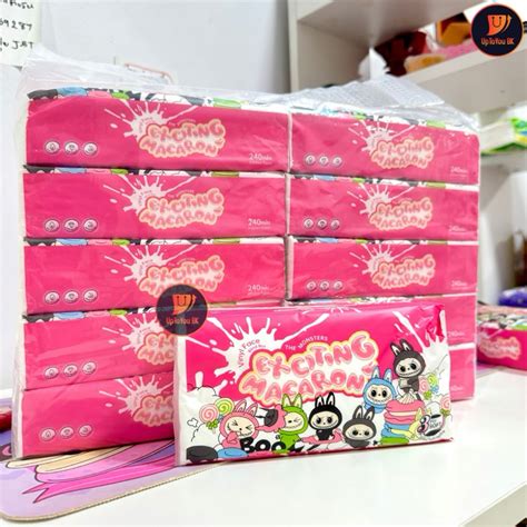 1หิ้ว10ห่อ กระดาษทิชชู่ เช็ดหน้า ลายlabubu ลาบูบู้ ชมพู ลายฉลุ หนา3ชั้น