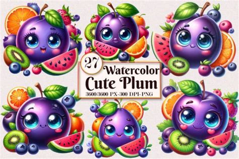 Watercolor Cute Plum Clipart Bundle Graphic By Pinkdigitalart