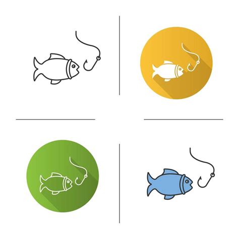 Icono De Pescado Y Anzuelo Diseño Plano Estilos Lineales Y De Color