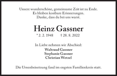 Traueranzeigen Von Heinz Gassner Sz Gedenkende