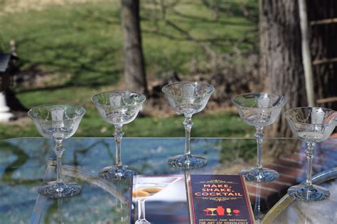 5 Vintage Etched Cocktail ~ Martini Glasses Set Of 5 Heisey