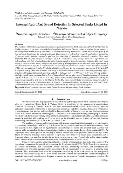 pdf internal audit and fraud detection in selected banks listed in