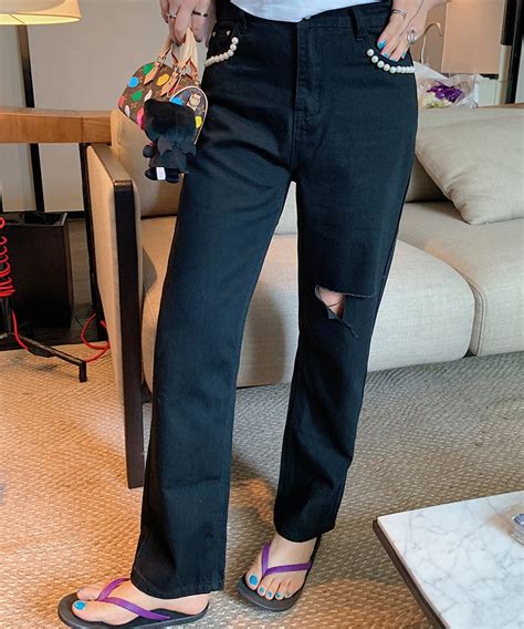 론리하트클럽 ~4xl Big 포켓 진주 블랙 롱팬츠