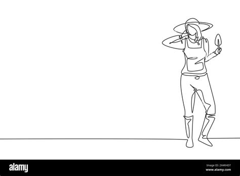 Single Continuous Line Drawing Female Farmer Stood With Call Me Gesture