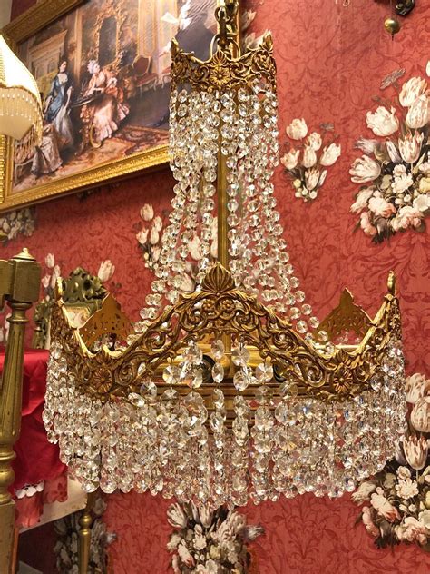 Antiek Kristallen Kroonluchter Hanglamp Zakkroonluchter Brocante Barok Koper Goud