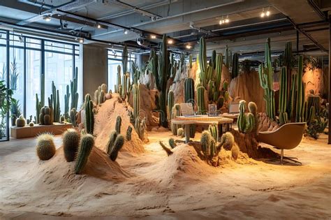 Desert Oasis Office Interior Design With Cactus Plants And Sand Stock