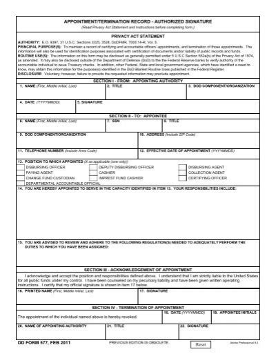 DD Form 577 Appointment Termination Record Authorized