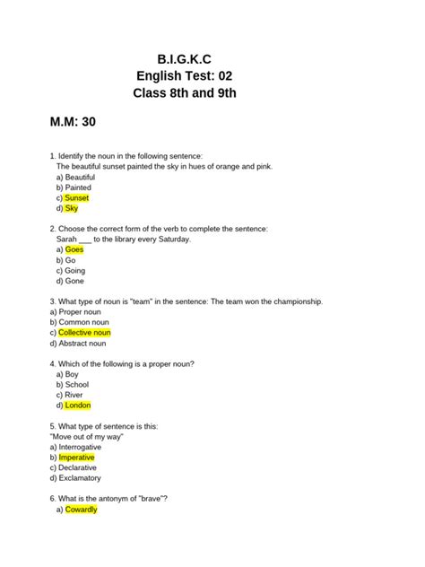 English Class Test Pdf Verb Noun