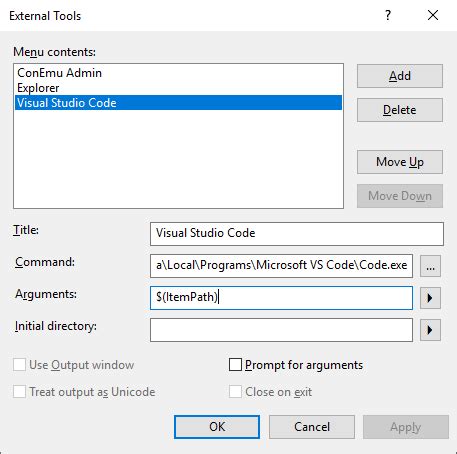 Tip Open Visual Studio Code From Visual Studio As An External Tool