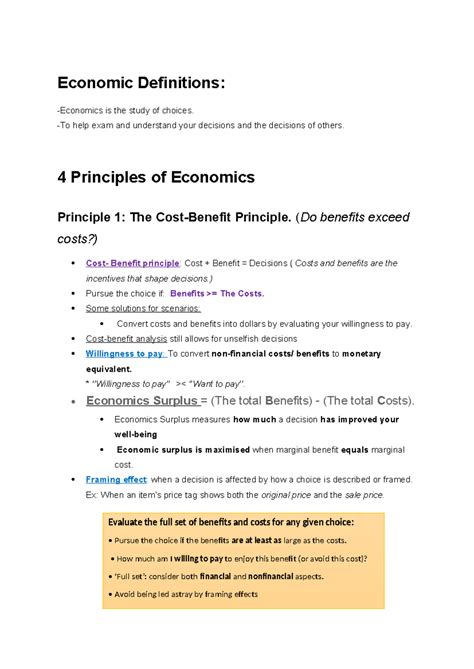 Econ Lecture Note W2 4 Core Principles Of Economics Economic Definitions Economics Is The