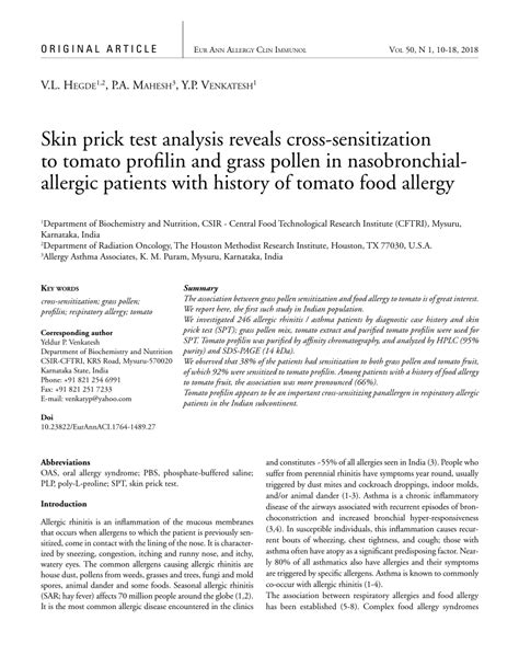 Pdf Skin Prick Test Analysis Reveals Cross Sensitization To Tomato