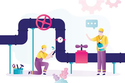 배관공 및 수도관 그룹 작업 도구를 사용하는 배관 수리 서비스 작업자 배관공 렌치와 공구 상자를 가진 물과 가스 공급 관 계수