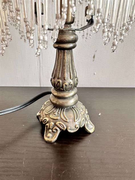 Vintage Table Lamp With Frosted Etched Glass Fringed Dome Beaded