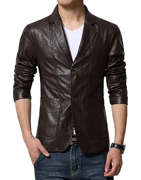 Mens Slim Fit Brown Faux Leather Blazer