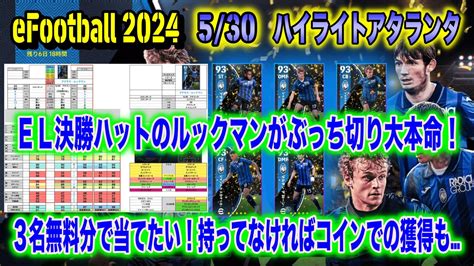 【efootball 2024】530 El優勝記念アタランタ大解剖：el決勝ハットのルックマンが本命！無料で当てたいが、持ってなければ