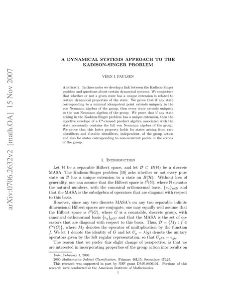 Pdf A Dynamical Systems Approach To The Kadison Singer Problem
