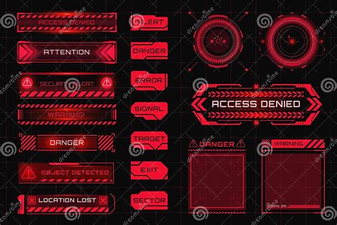 Set Of Warning Attention And Alert Red Symbols Hud Caution And Danger