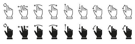 컴퓨터 커서 포인터 아이콘 세트 손가락 디지털 마우스 클릭 라인과 실루엣 기호를 가진 손 웹 사이트 및 앱 인터페이스 누르기 탭 링크 선택 버튼 기호 고립된 벡터 그림