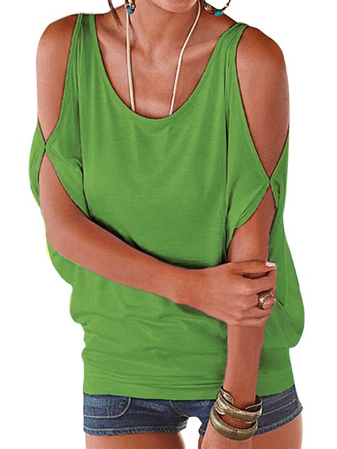 Cut Out Cold Shoulder Tops For Women Summer Loose Blouse Bat Short